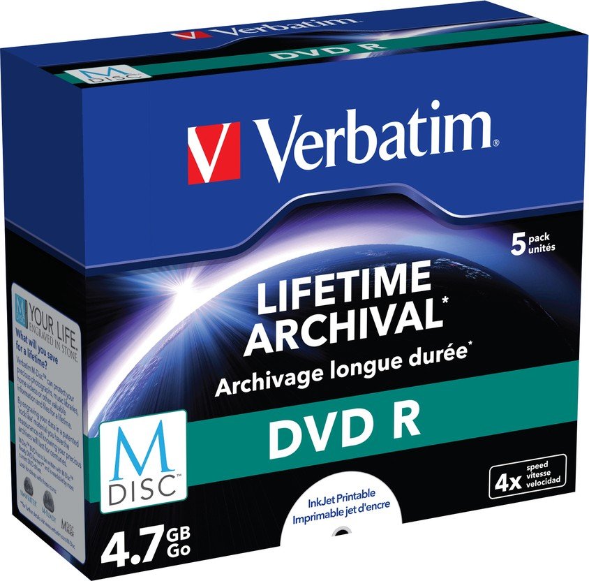 DVD-R Verbatim M-Disc Printable 4.7GB 4x (5 Pack Jewel Case) (43821 ...